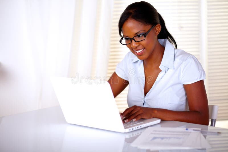 Black African American Ethnicity Woman Working at Computer Laptop at ...