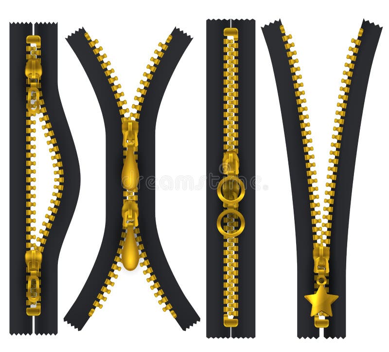 Black Zipper with Metallic Golden Teeth and Hasp Stock Illustration ...