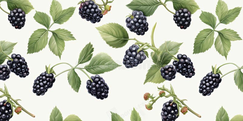 Blackberry Pattern with Leaves on White Background, Pattern Design ...