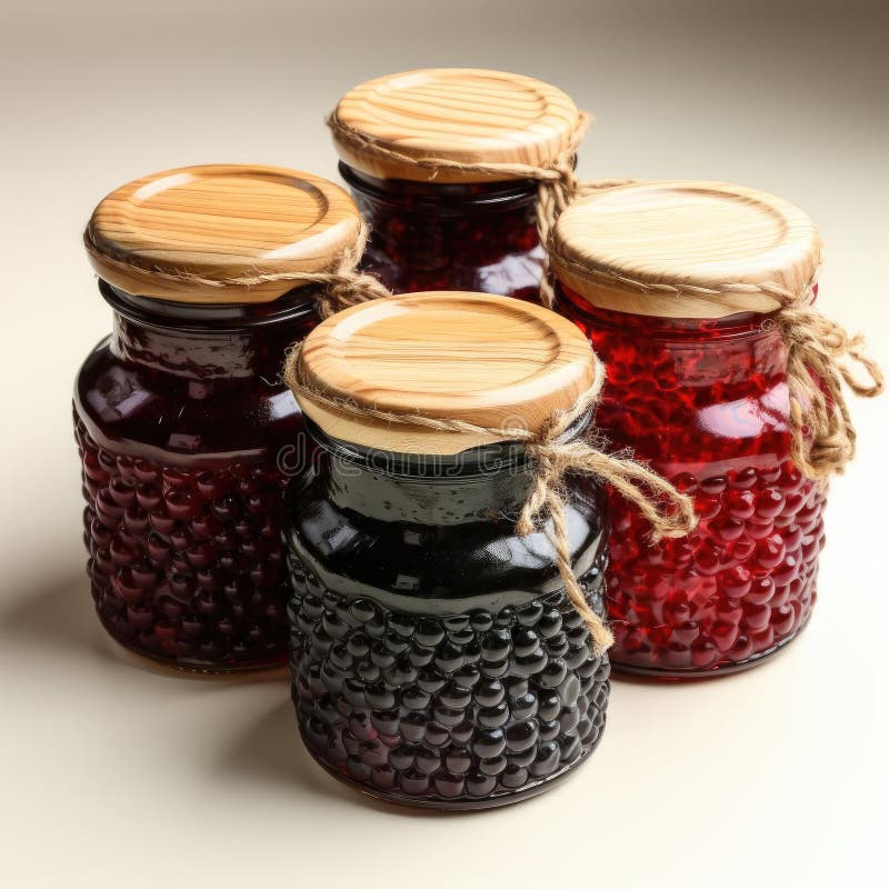 Blackberry, Raspberry, and Black Currant Jam in Jars, with Varying Wood ...