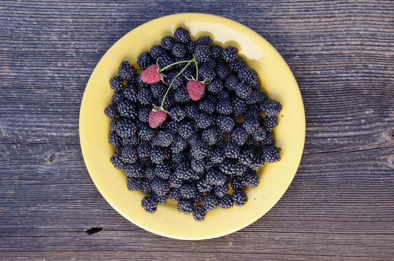 Blackberry and Raspberry in Yellow Ceramic Plate Stock Image - Image of ...