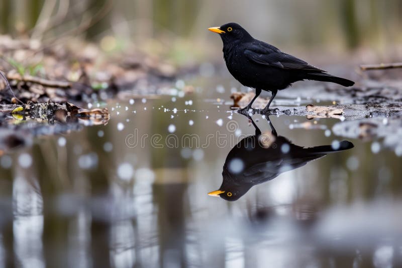 Blackbird with Reflections in a Forest Floor Puddle Stock Photo - Image ...