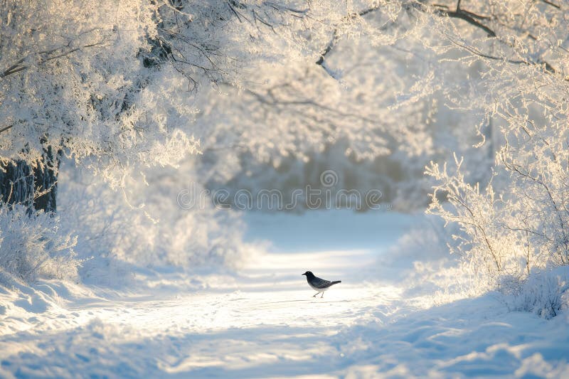 Blackbird on Snow-covered Path in Serene Winter Wonderland Scene Stock ...
