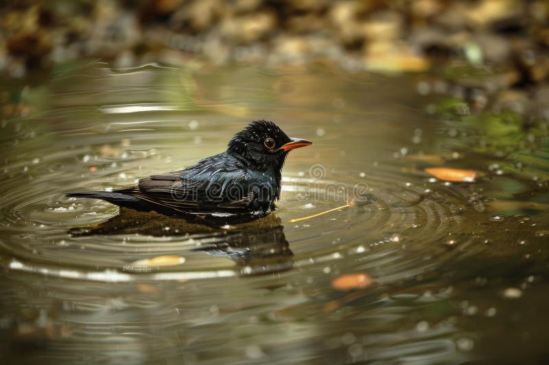 Blackbird Taking a Relaxing Bath in a Forest Pond Stock Photo - Image ...