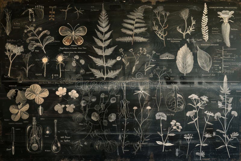 A Blackboard Adorned with Various Plants and Botanical Illustrations, a ...