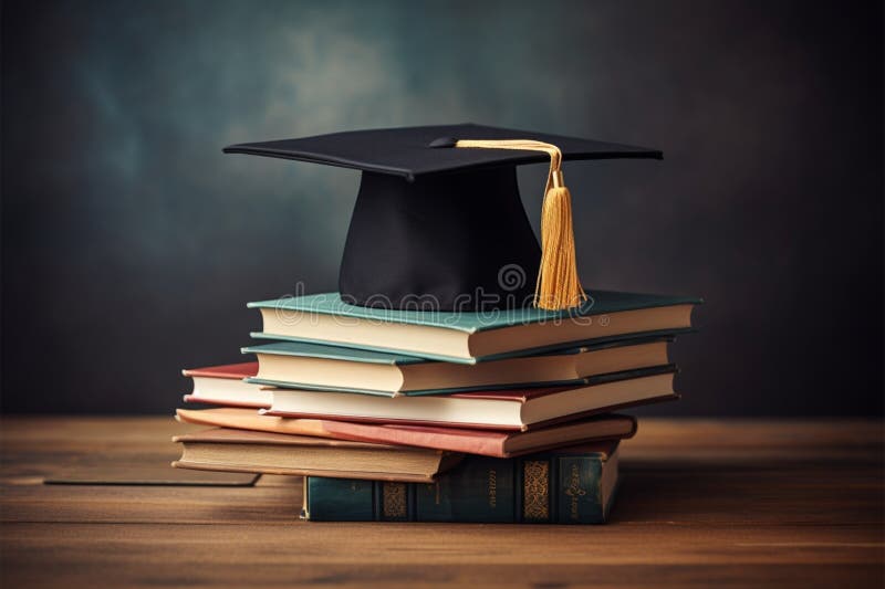 Blackboard Backdrop Graduation Cap on Stack of Books, Education Concept ...