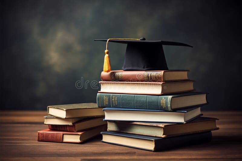 Blackboard Backdrop Graduation Cap on Stack of Books, Education Concept ...