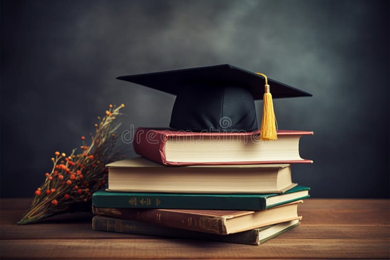 Blackboard Backdrop Graduation Cap on Stack of Books, Education Concept ...