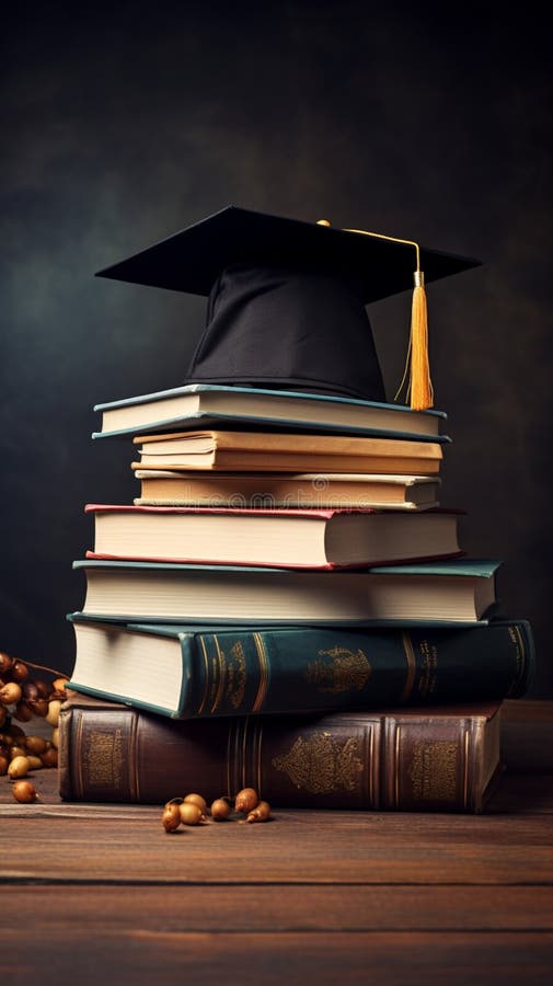 Blackboard Backdrop Graduation Cap on Stack of Books, Education Concept ...