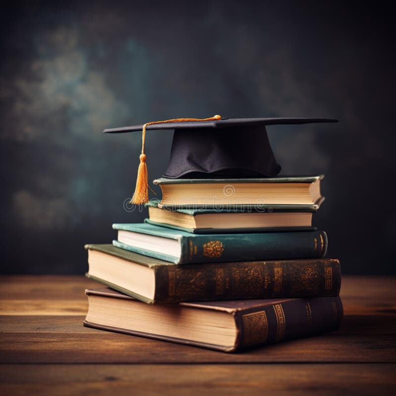Blackboard Backdrop Graduation Cap on Stack of Books, Education Concept ...