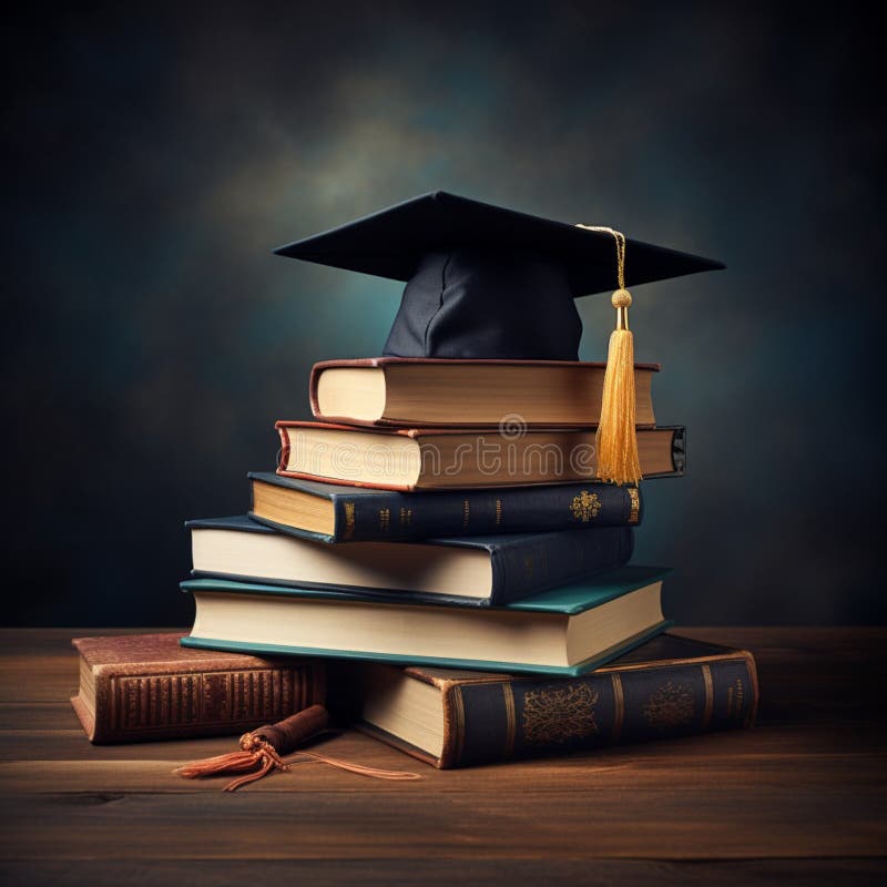 Blackboard Backdrop Graduation Cap on Stack of Books, Education Concept ...