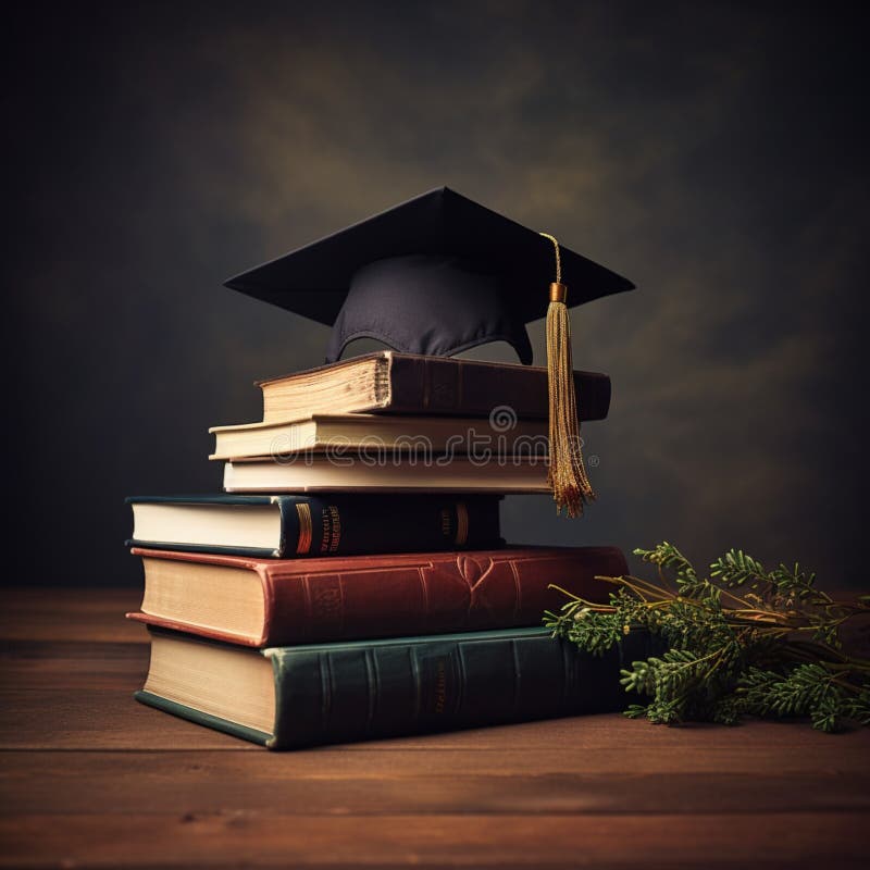 Blackboard Backdrop Graduation Cap on Stack of Books, Education Concept ...