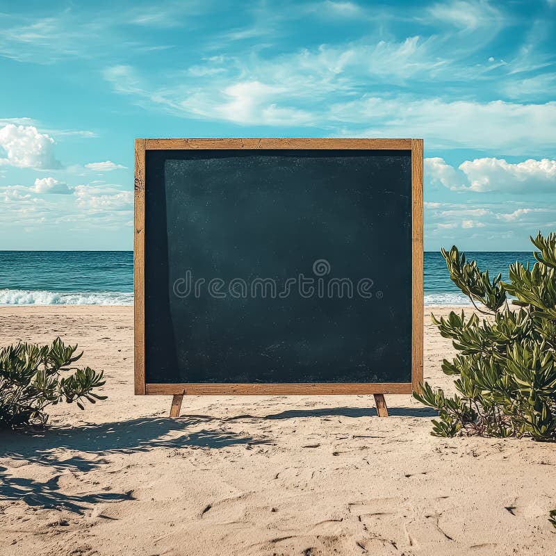 Blackboard is on the beach stock photo. Image of ocean - 387030288