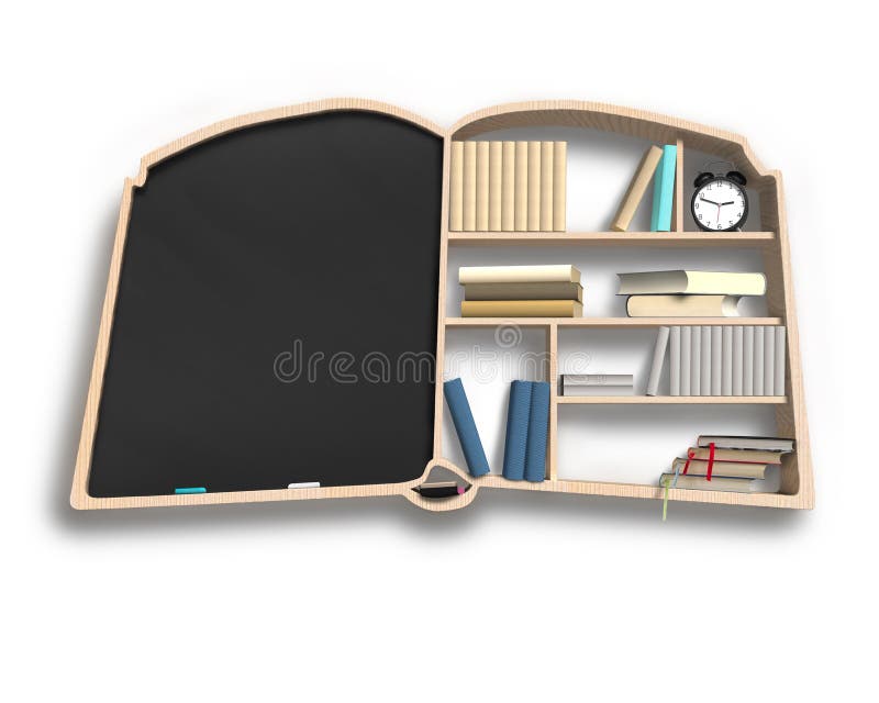 Blackboard and Bookshelf in Book Shape Stock Photo - Image of idea ...
