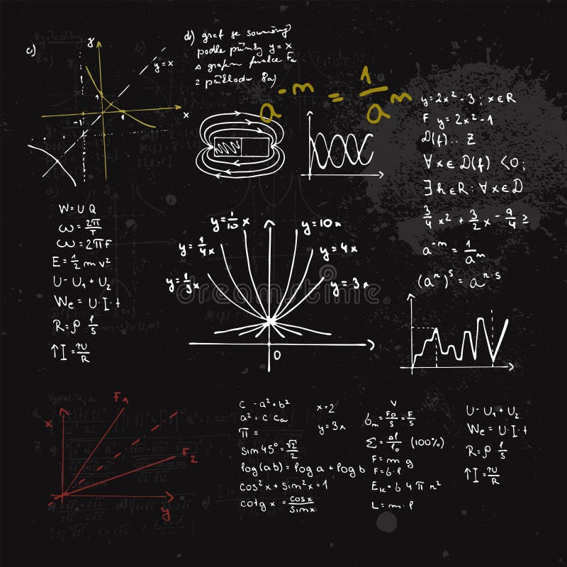 Handwritten Mathematical Formulas and Graphs. Blackboard with ...