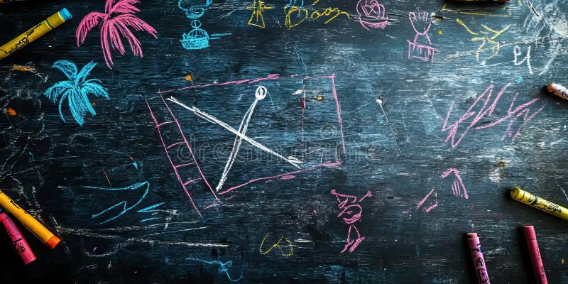 A Blackboard with Chalk Drawings and Crayons on it Stock Image - Image ...