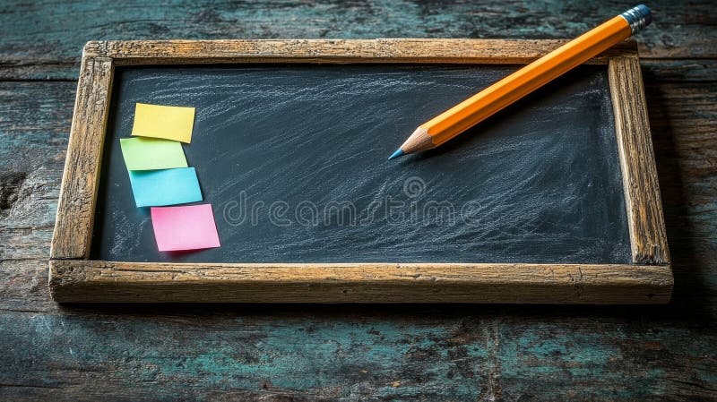 Blackboard with Colorful Sticky Notes and a Pencil Placed on a Textured ...