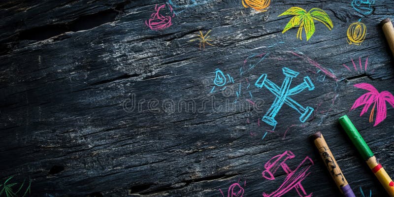 A Blackboard with Crayons and Chalk Drawings on it Stock Image - Image ...