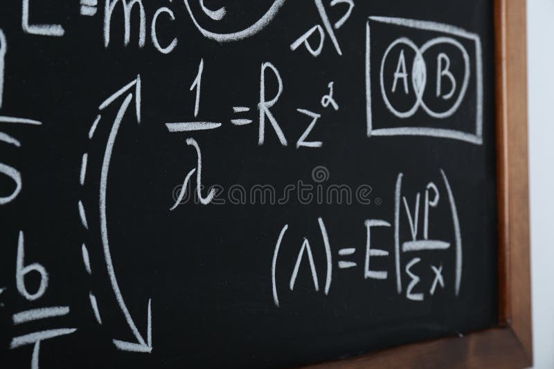 Blackboard with Different Physical Formulas Written with Chalk on White ...