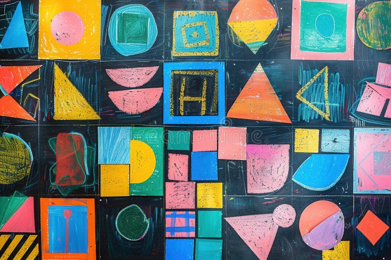 A Blackboard Displays an Array of Vibrant Geometric Shapes and Patterns ...