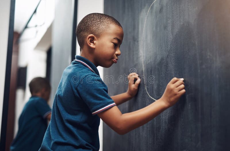 Blackboard, Drawing and Education with Boy Student in Classroom of ...