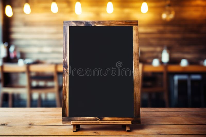 Blackboard Empty Menu with Easel on Wooden Table with Blurred ...
