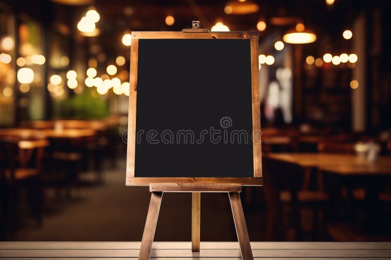 Blackboard Empty Menu with Easel on Wooden Table with Blurred ...