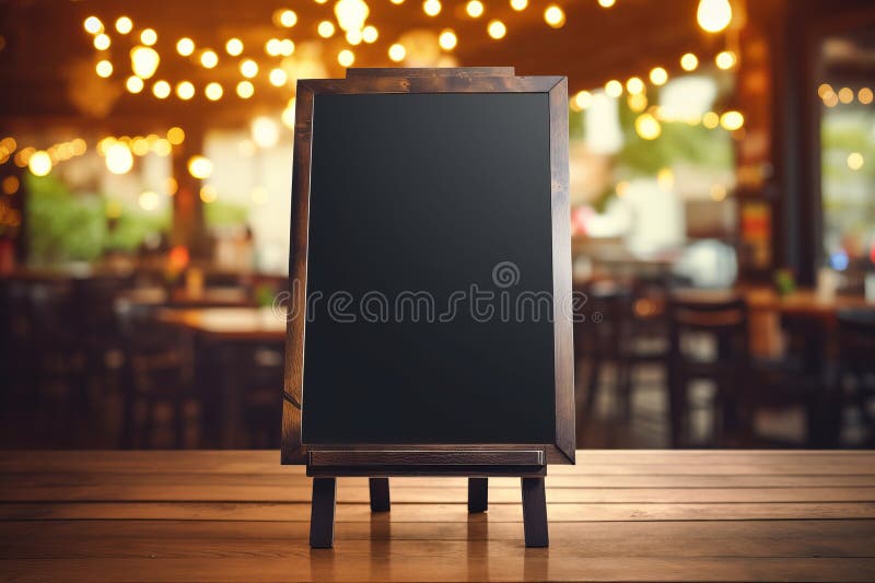 Blackboard Empty Menu with Easel on Wooden Table with Blurred ...
