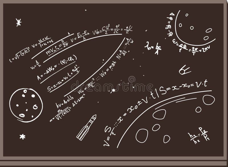 Blackboard. Figures with Chalk. Space. Formulas. Planets, Rockets ...