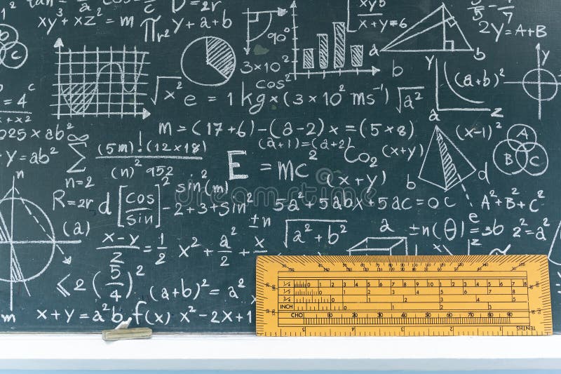 Blackboard Full of Math and Science Formulas in Classroom with Yellow ...