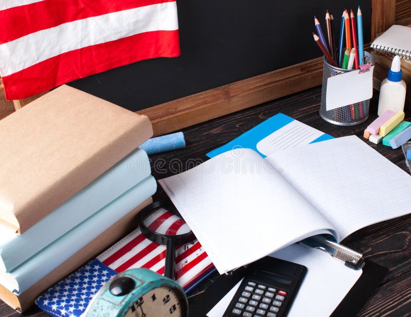 Blackboard and Office Tools on Wood Table Stock Photo - Image of ...