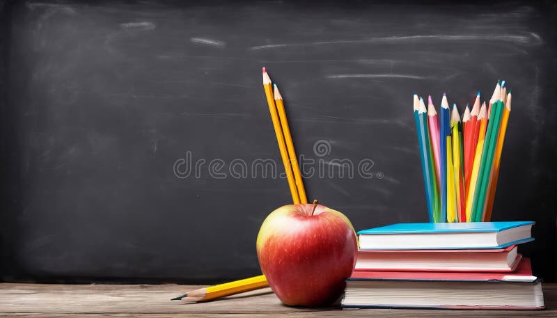 Blackboard with a Red Apple and Pencils on it Stock Image - Image of ...
