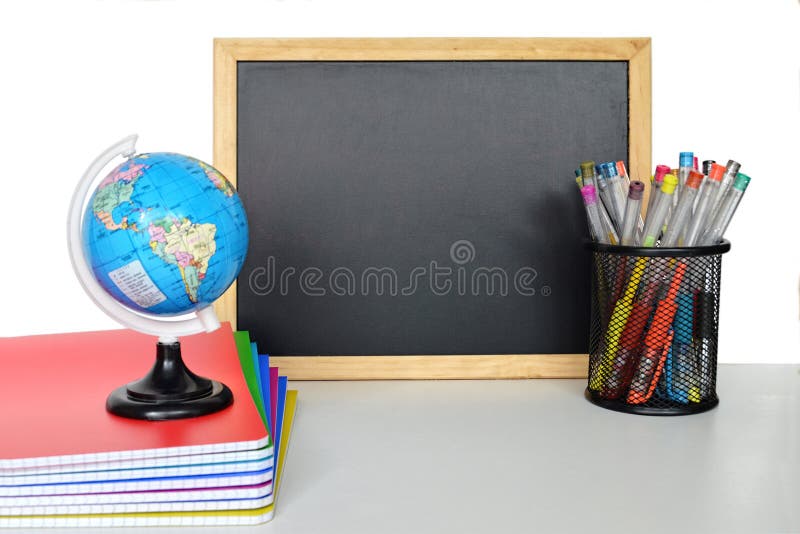 Blackboard and School Supplies on the Table Stock Image - Image of pink ...