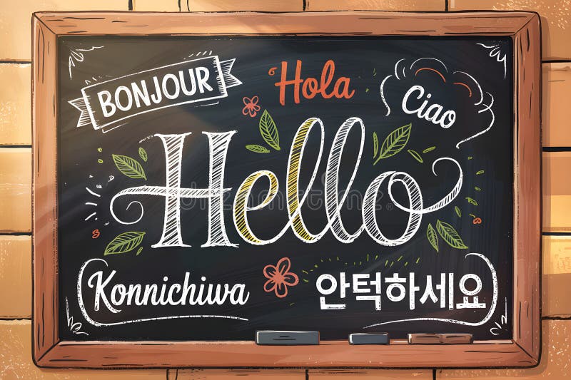 Blackboard Showing Hello in Different Languages with Floral Decorations ...