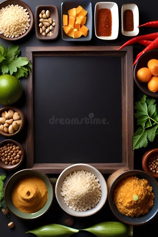 Rectangle Blackboard with Dishes Ingredients Displayed on a Table Stock ...