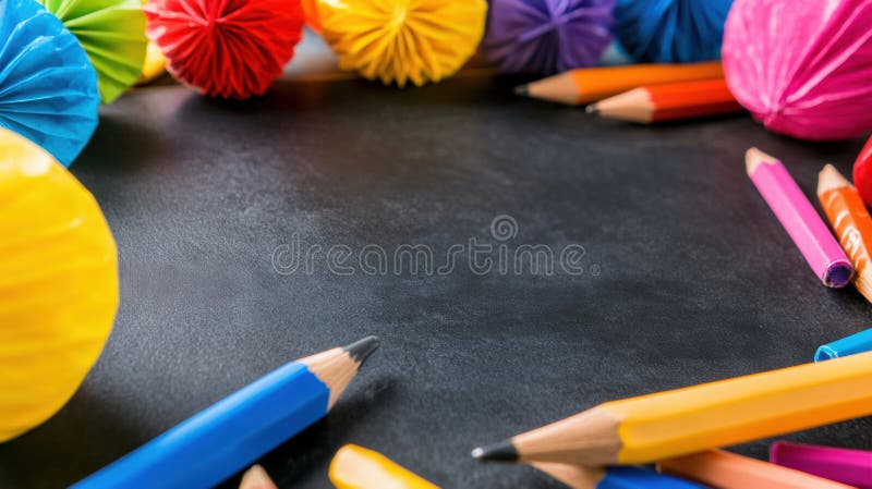 A Blackboard with a Variety of Colored Pencils and Paper Balls, AI ...