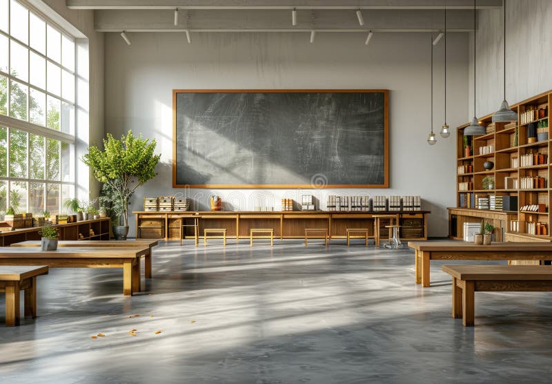 Blackboard and Wooden Tables in Sunlit Classroom Stock Photo - Image of ...