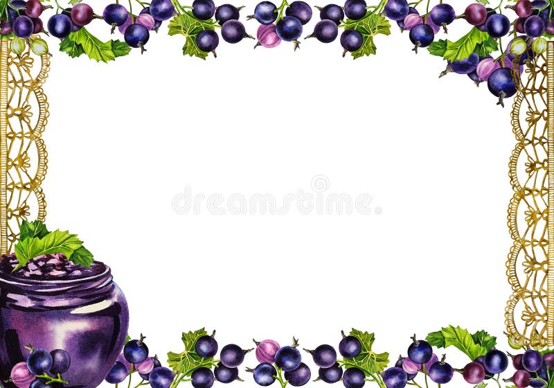 Blackcurrant Jam, Frame. Watercolor Illustration. for Labels, Packaging ...
