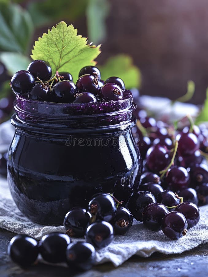 Blackcurrant Jam in a Jar with Fresh Berries Around. Stock Photo ...