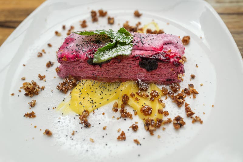 Blackcurrant Mousse on a Biscuit Base with Lemon Curd and Caramelised ...