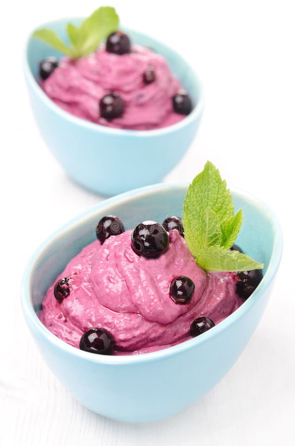 Blackcurrant Mousse with Cream Cheese in Blue Bowls Stock Image - Image ...