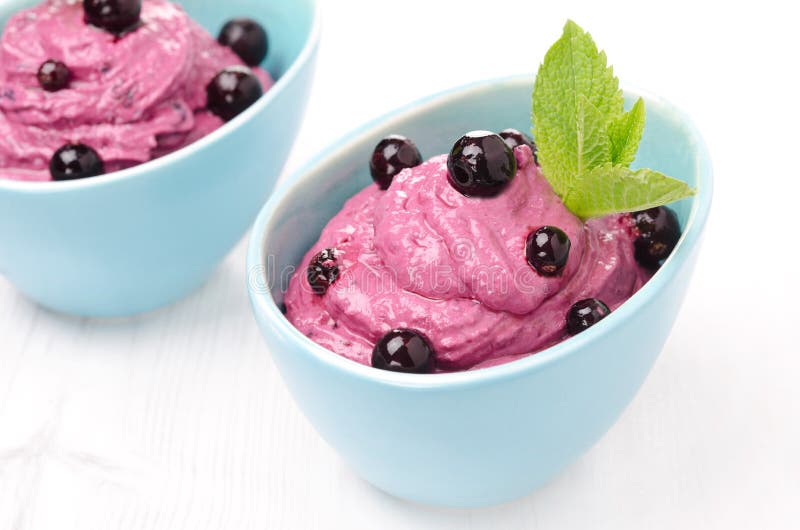 Blackcurrant Mousse with Cream Cheese in Blue Bowls, Horizontal Stock ...