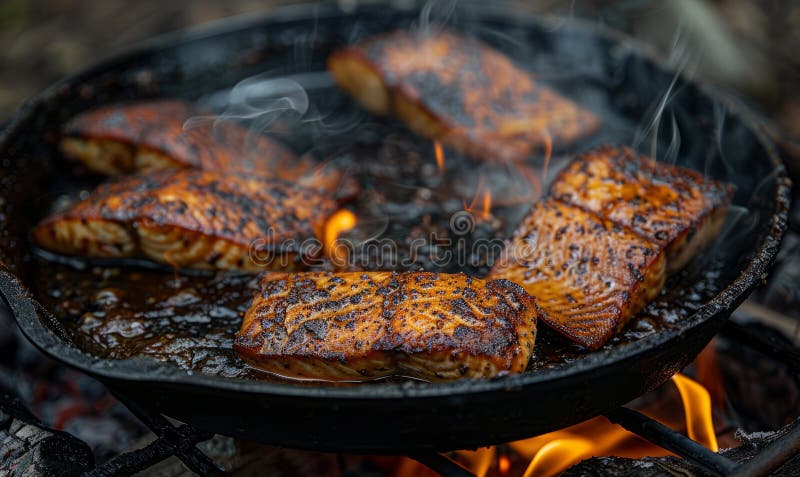 Blackened Catfish Fillets Crackle in Bacon Fat Over an Open Fire on the ...