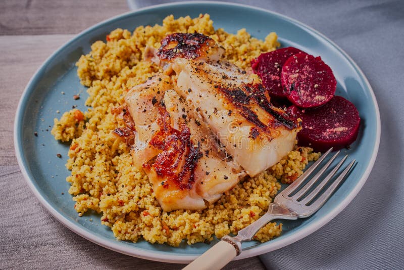 Blackened Cod Fillet with Couscous. Stock Image - Image of tasty ...