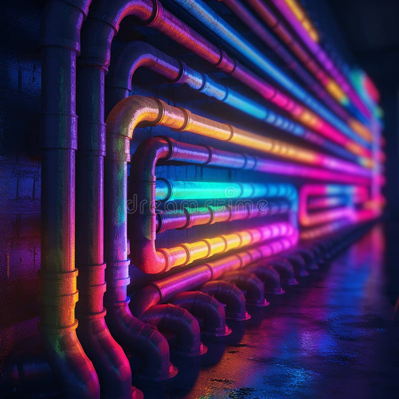 Blacklight, Neon Colored, Glowing Underground Piping System. Stock ...