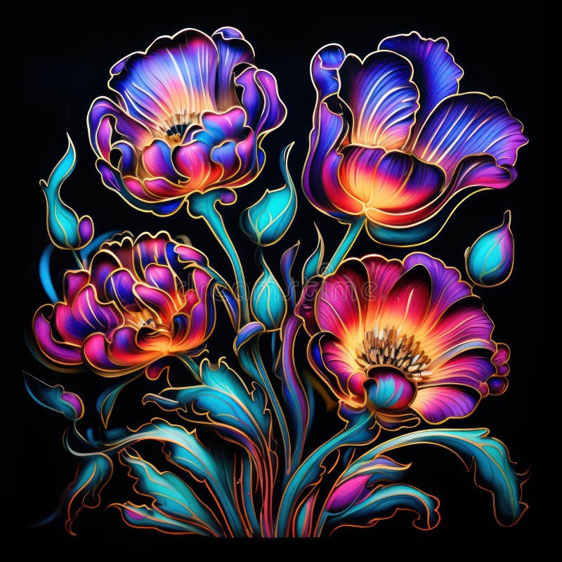 Blacklight Painting-style Flower, Flower Pop Art Illustration Stock ...