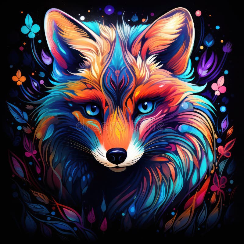 Blacklight Painting-style Fox, Fox Pop Art Illustration Stock ...