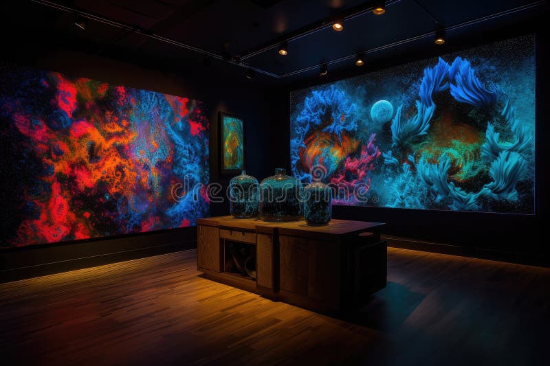 Blacklight and Uv-reactive Art on Display in Gallery, Surrounded by ...