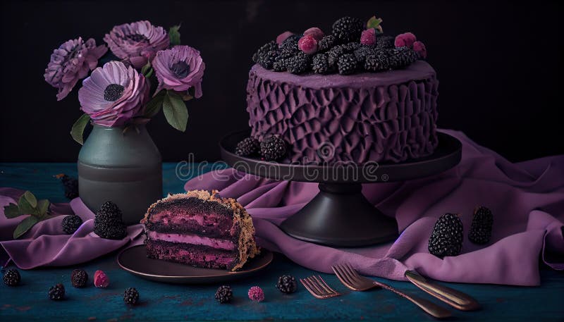 Blackout Cake with Blackberries on Dark Theme Background Generative AI ...