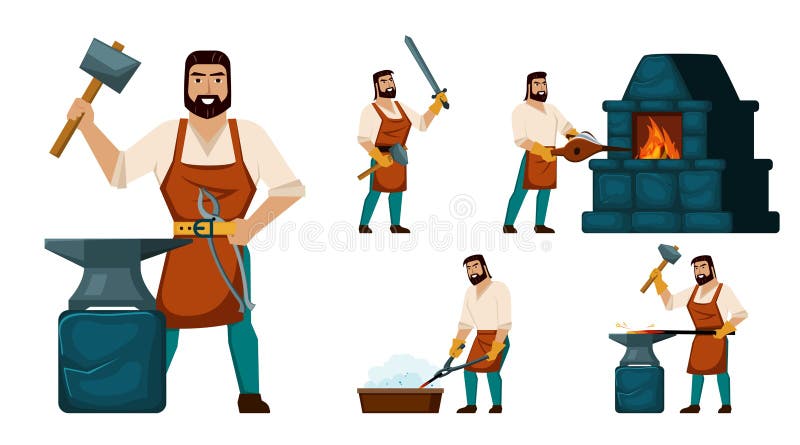 Blacksmith Character. Heavy Production Workers Making Steel Tools ...